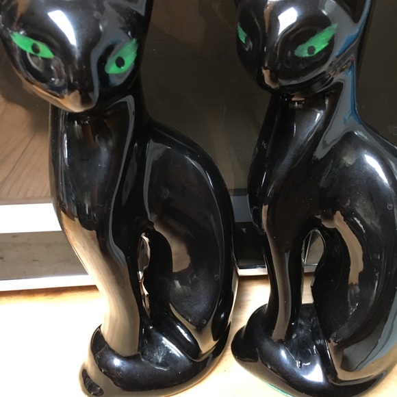 Accents | Vintage Mcm Ceramic Black Cat Statues With Green Eyes | Poshmark